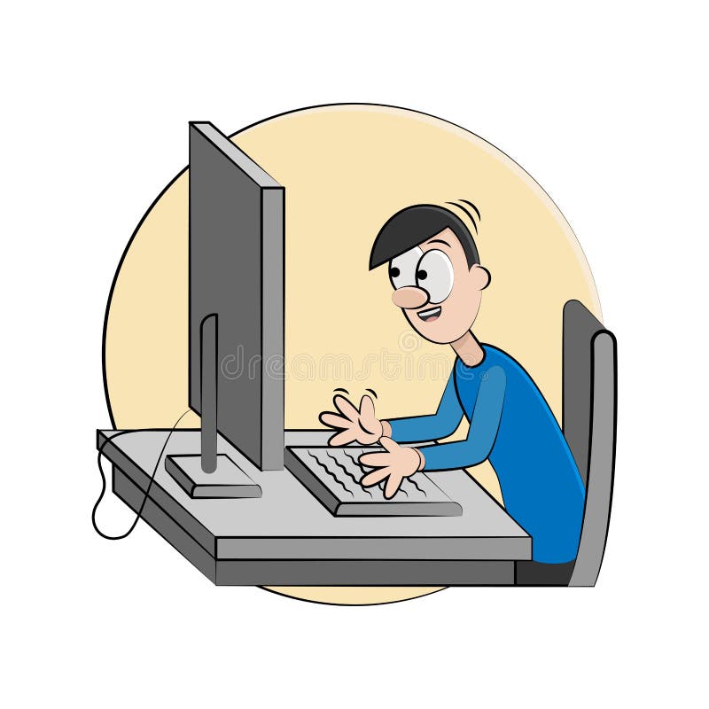 Cartoon Man Happy with Computer Stock Vector - Illustration of happy ...
