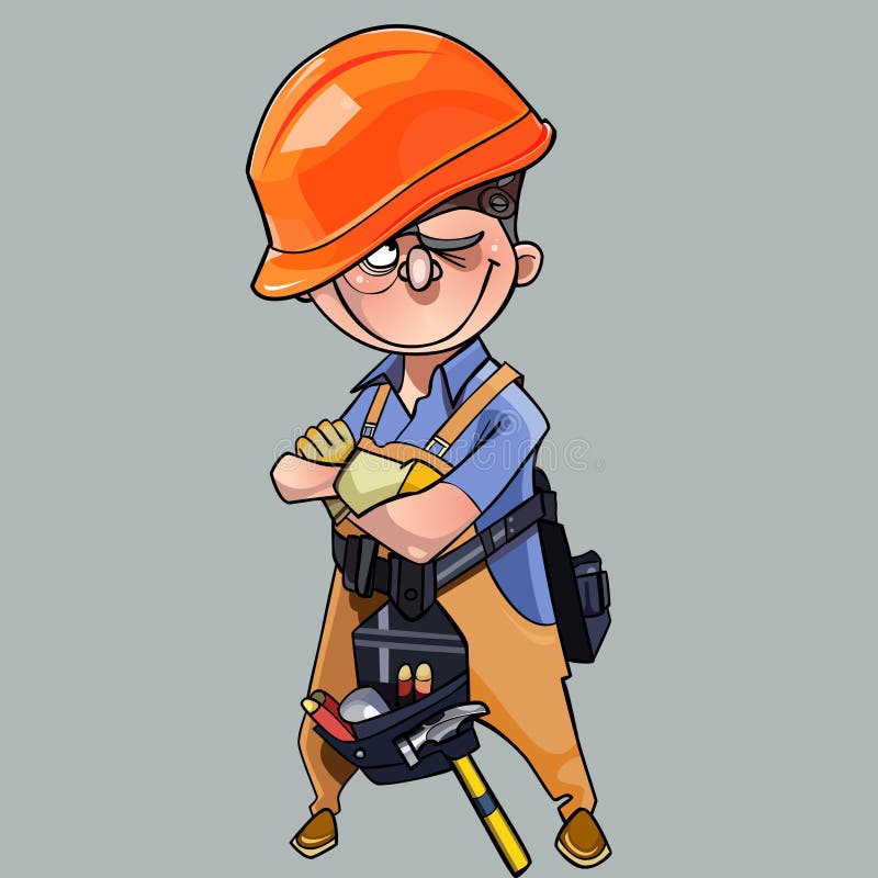 Cartoon Man in Helmet and Working Clothes with Tools Standing with ...