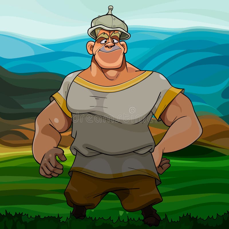 Cartoon Man Hero in a Helmet Stands in the Steppe Stock Vector ...