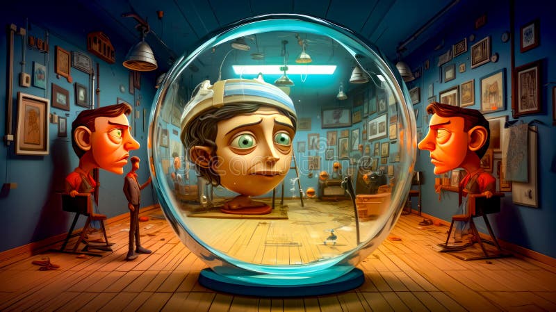 Cartoon of Man Inside Glass Ball with Another Man in the Background ...