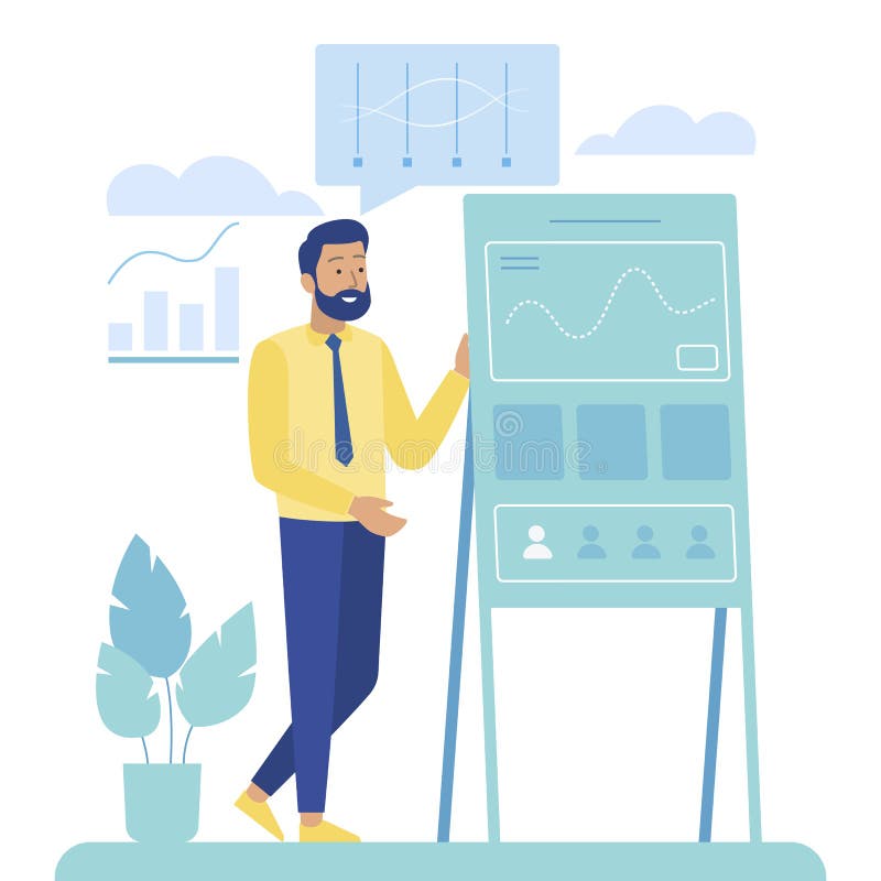 Cartoon Man Performs Analytic Report on Dashboard Stock Vector ...