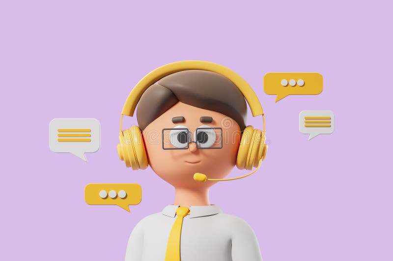 Cartoon Man Portrait in Headset with Speech and Text Bubbles, Call ...