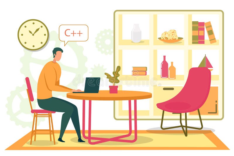 Cartoon Man Programmer Coder Writing Code At Home Stock Vector Illustration Of Laptop Male
