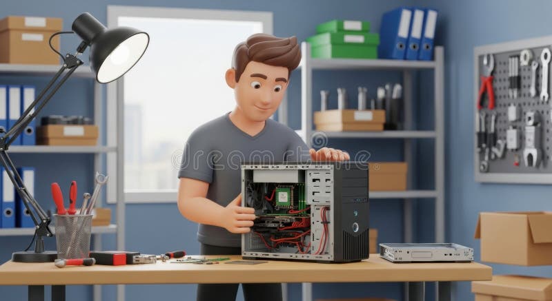 Cartoon Man Repairing a Computer Stock Illustration - Illustration of ...