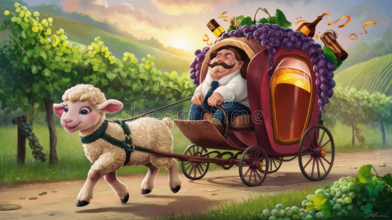 A Cartoon Man Riding a Sheep in an Old Fashioned Carriage, AI Stock ...