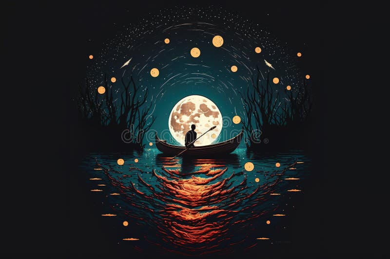 Cartoon Man Rowing a Boat at Night. Stock Illustration - Illustration ...