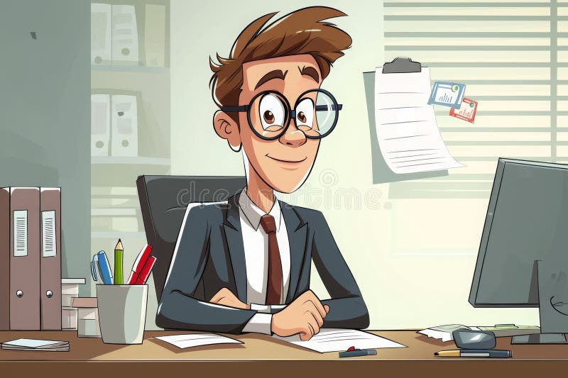 A Cartoon Man is Seen Sitting at a Desk, Engrossed in His Computer Work ...