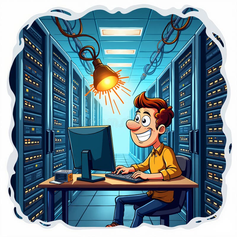 Cartoon Man Sitting at a Computer Desk in a Server Room Stock ...