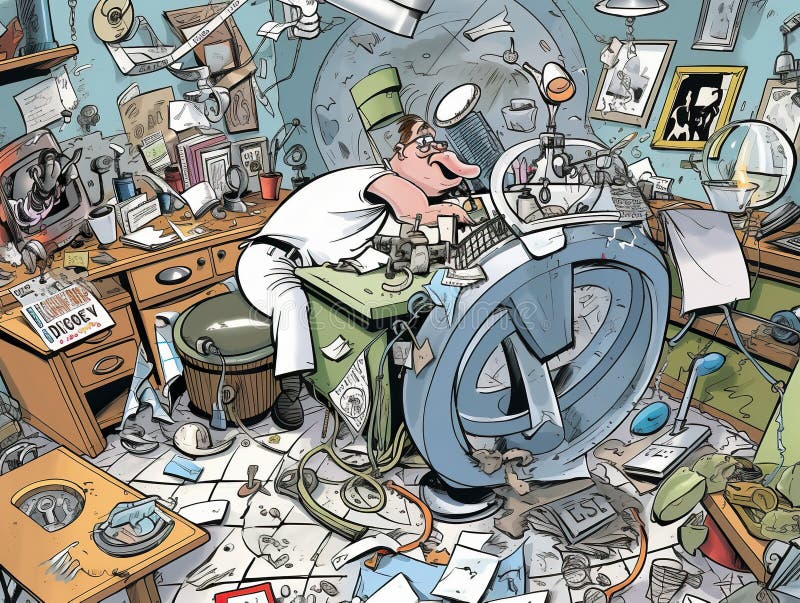 A Cartoon of a Man Sitting at a Desk Surrounded by Clutter. AI ...