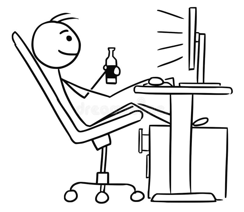 Cartoon of Man Sitting in Front of Computer and Drinking a Beer Stock ...