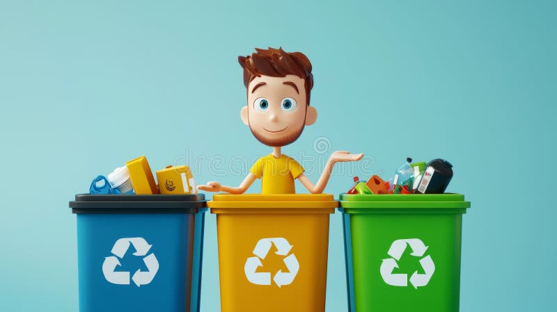Cartoon Man is Standing Behind Three Recycling Bins, Each with a ...