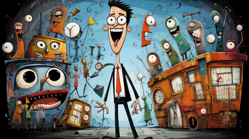 A Cartoon of a Man Standing in Front of a Bunch of Strange Looking ...
