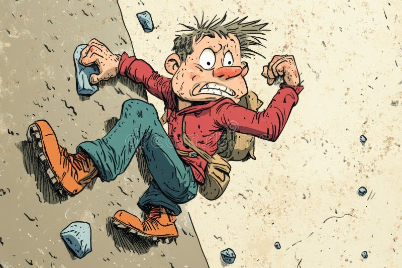 A Cartoon Man Struggling To Climb a Rock Wall Stock Illustration ...