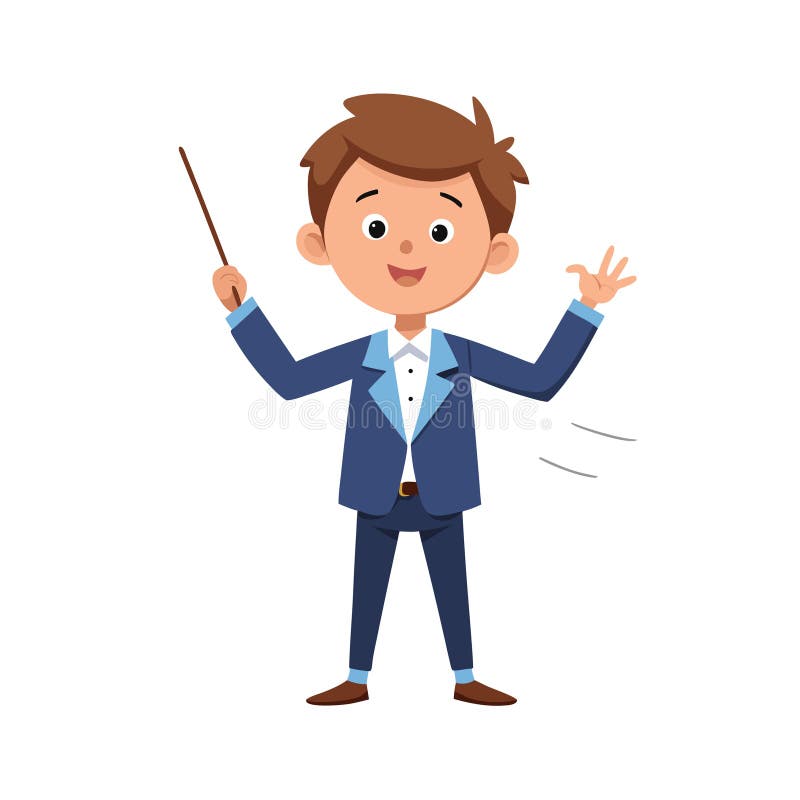 Cartoon Man in Suit Conducting or Presenting with Pointer Stick ...