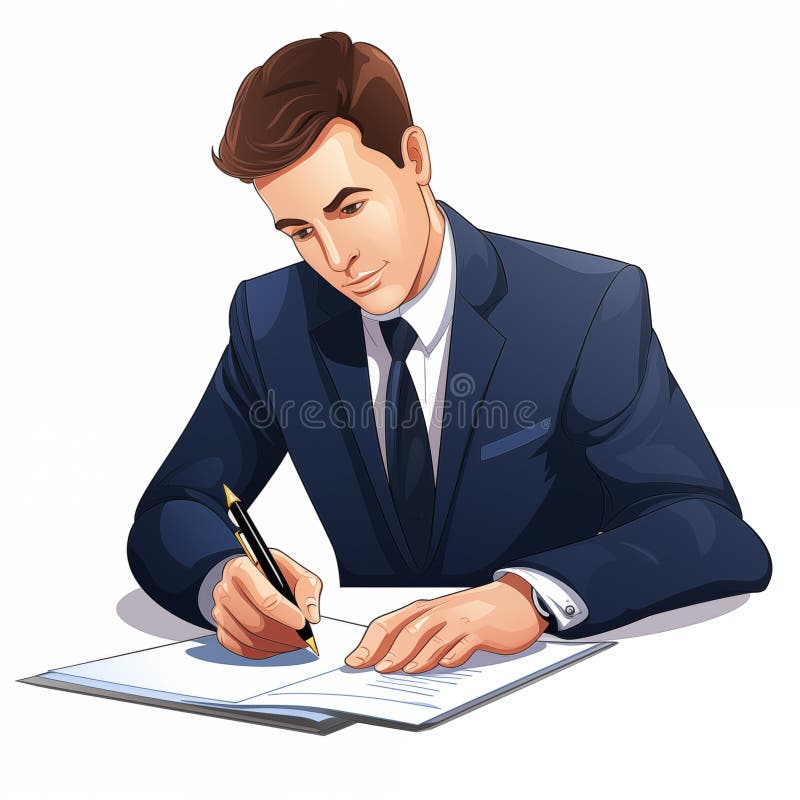 A Cartoon Man in a Suit Diligently Writing Notes on a Document at a ...