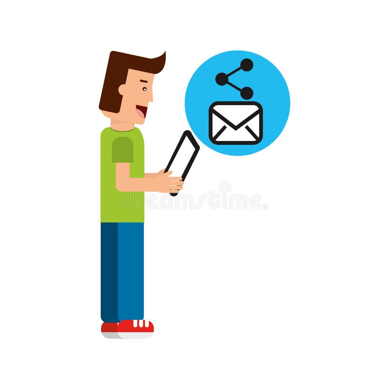 Cartoon Man Tablet Email Message Sharing Stock Vector - Illustration of ...