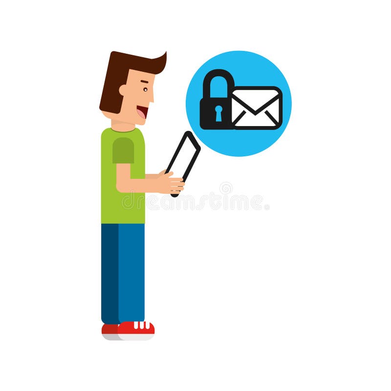 Cartoon Man Tablet Email Padlock Security Stock Vector - Illustration ...