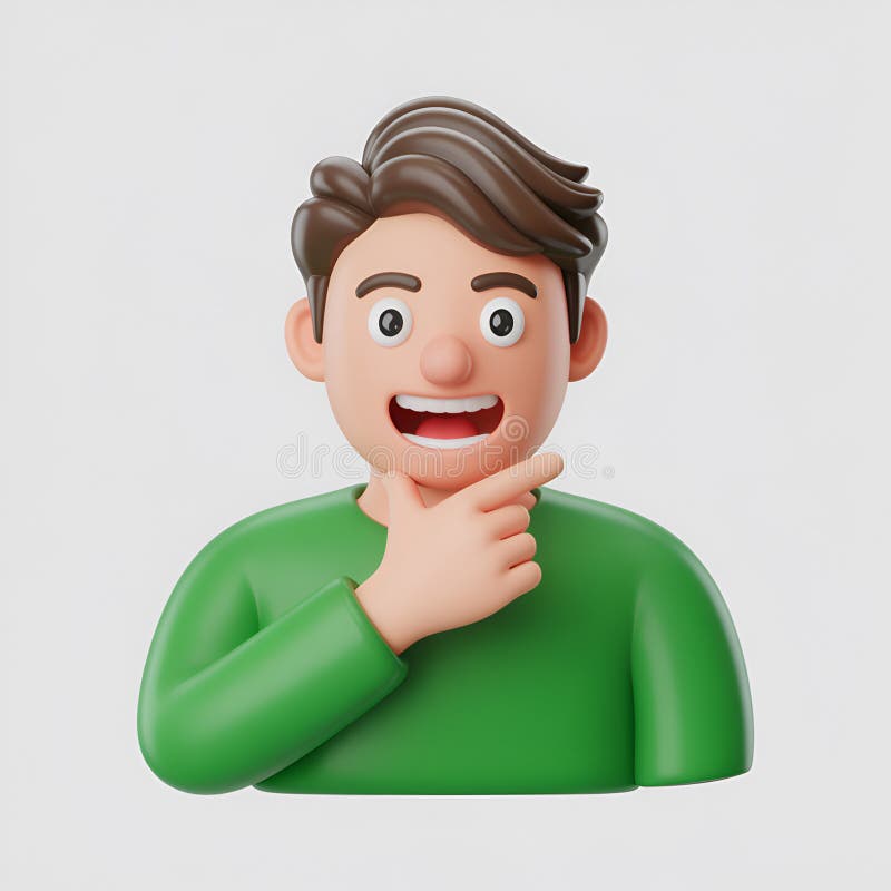 Cartoon Man Thinking with Finger Pointing in Green Shirt on a Plain ...