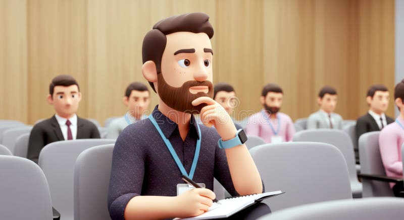 Cartoon Man Thinking during Seminar or Lecture 3D Render Illustration ...