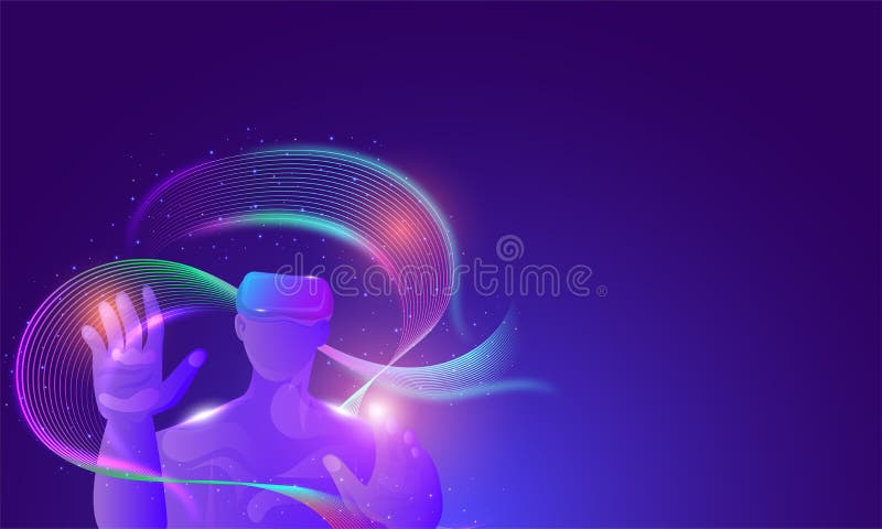 Cartoon Man Touching Gradient Waves through VR Headset on Shiny Blue ...
