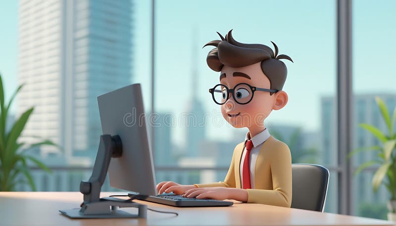 Cartoon Man Typing on Computer in Office Stock Illustration ...