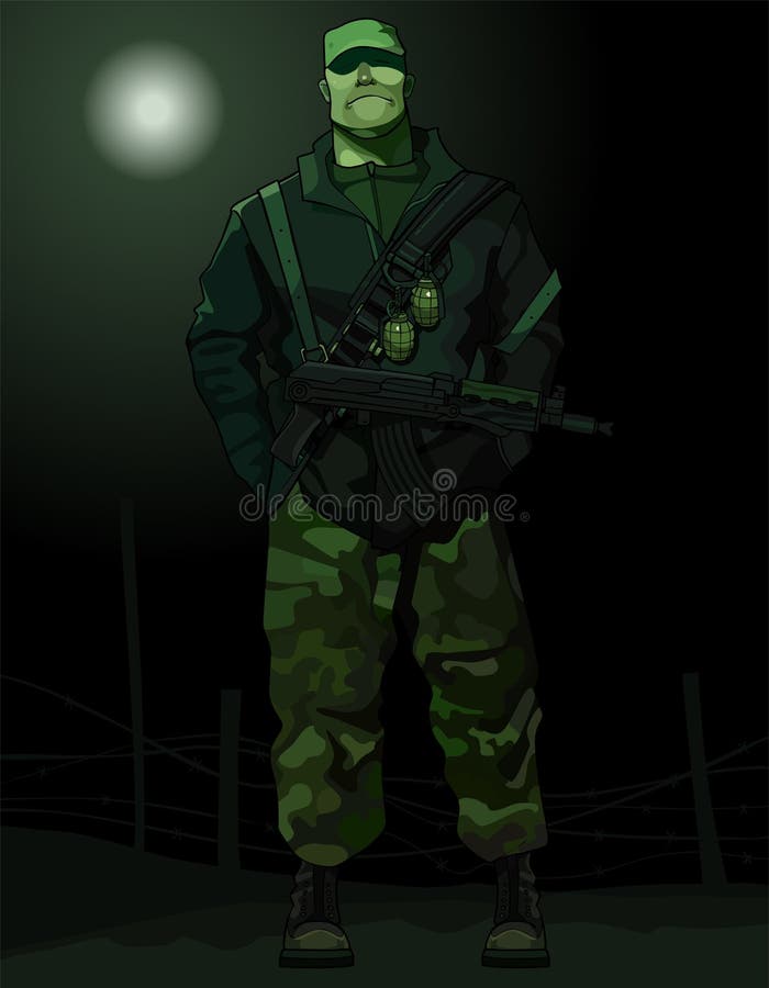 Cartoon Man in Uniform Military with a Gun is Guarding the Territory ...