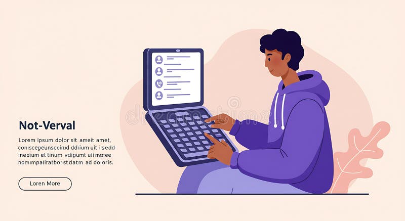 Cartoon Man Using Laptop with Online Profile Interface for ...