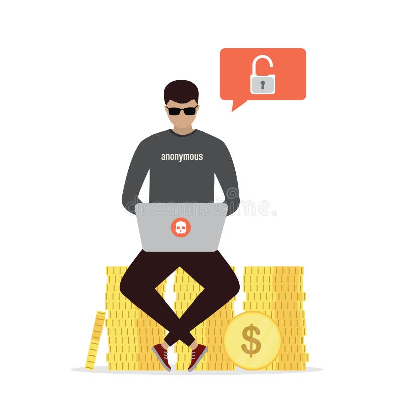 Cartoon Man Using Laptop Sits on Stack of Gold Coins. Hacker at Work ...