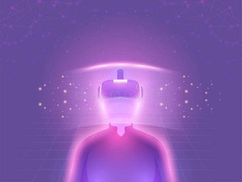 Cartoon Man Wearing VR Box and Lights Effect on Violet Stock ...