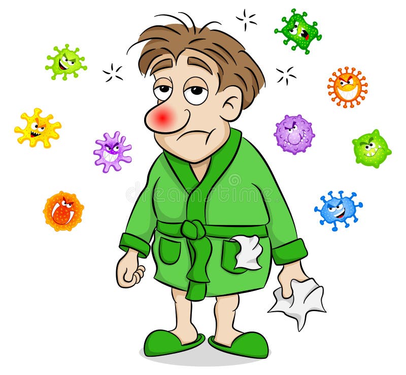 Cartoon Man Who is Sick and Surrounded by Viruses Stock Vector ...