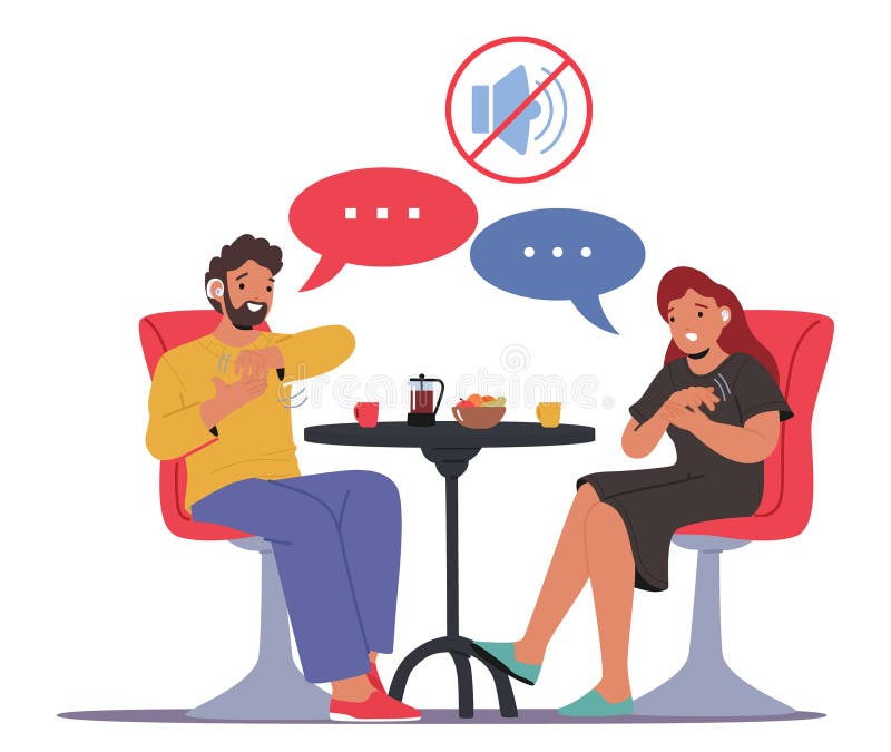 Cartoon Man and Woman Converse Using Sign Language at a Kitchen or Cafe ...