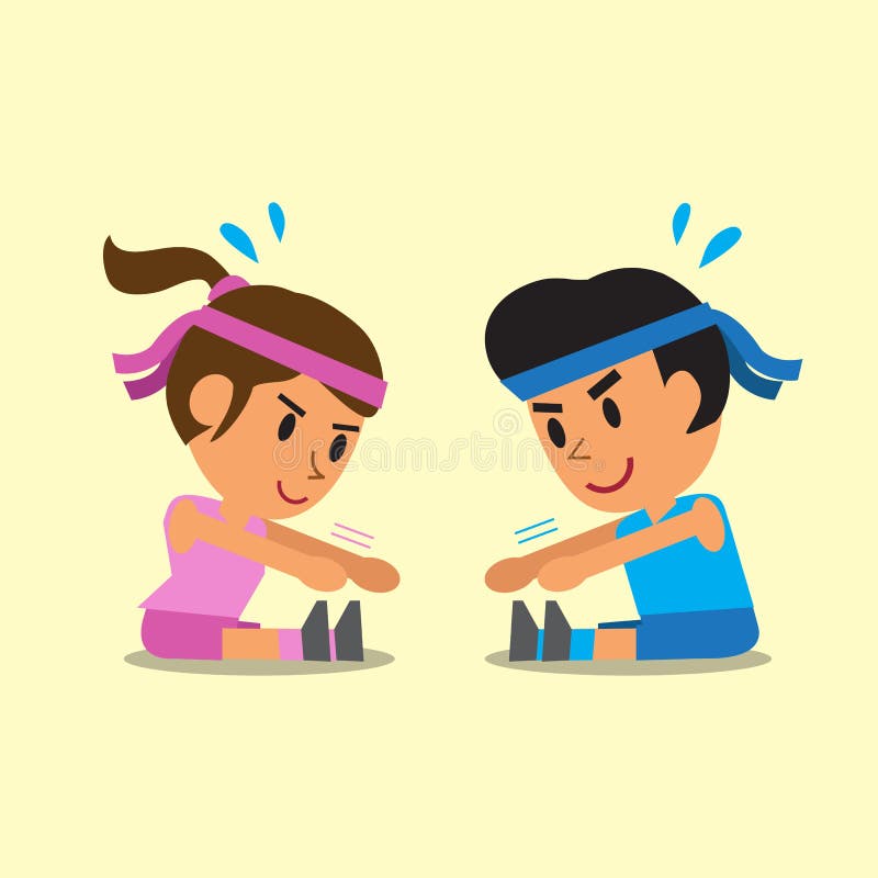 Cartoon Man and Woman Do Sitting Toe Touch Exercise Stock Vector ...