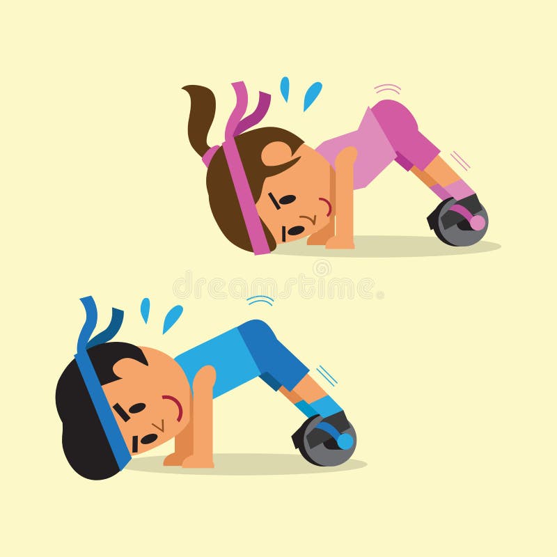 Cartoon a Man and a Woman Doing Ab Wheel Rollout Exercise Stock Vector ...