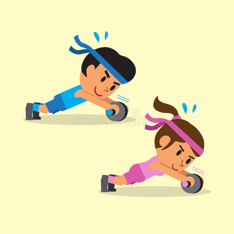 Cartoon Man and Woman Doing Ab Wheel Rollout Exercise Stock Vector ...