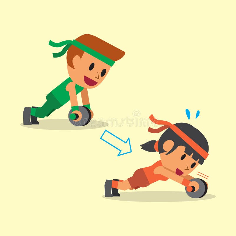Cartoon Man and Woman Doing Ab Wheel Rollout Exercise Step Training ...