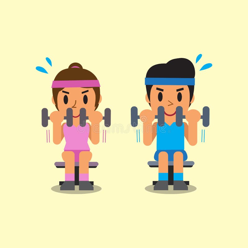 Cartoon Man and Woman Doing Dumbbell Curl Exercise Stock Vector ...