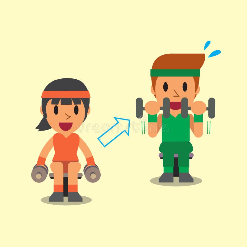 Cartoon Man and Woman Doing Dumbbell Curl Exercise Step Training Stock ...