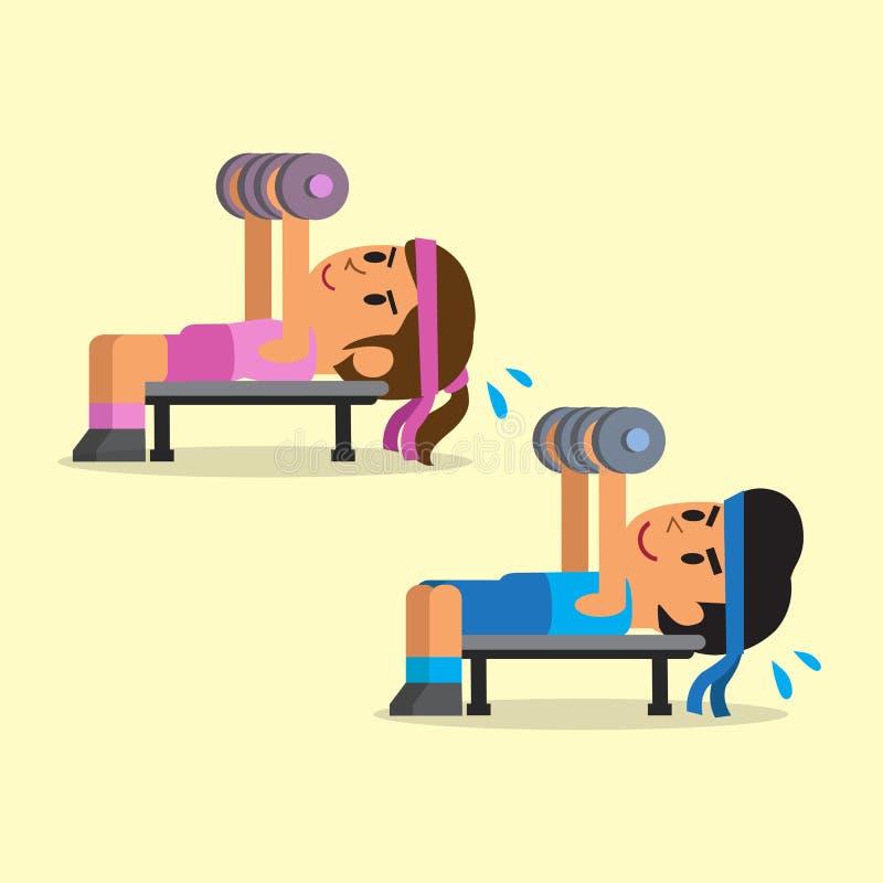 Cartoon Man and Woman Doing Dumbbell Press Exercise Stock Vector ...