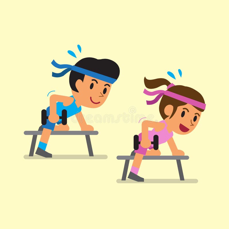 Cartoon Man and Woman Doing Dumbbell Row Exercise Stock Vector ...