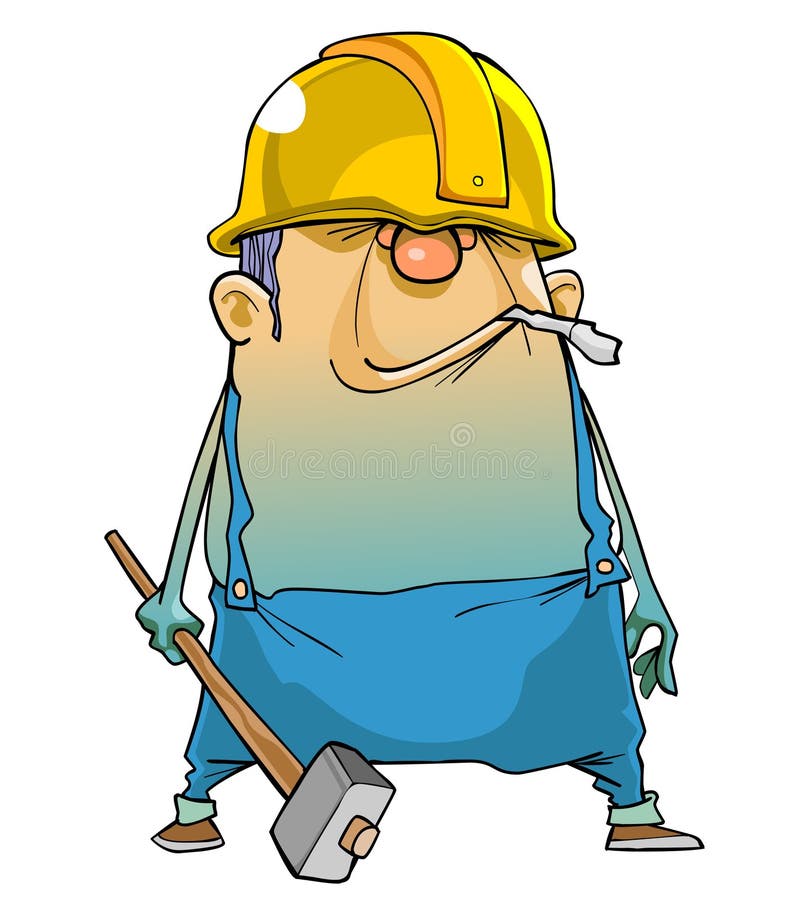 Cartoon Man Working in a Helmet and with a Hammer Stock Vector ...