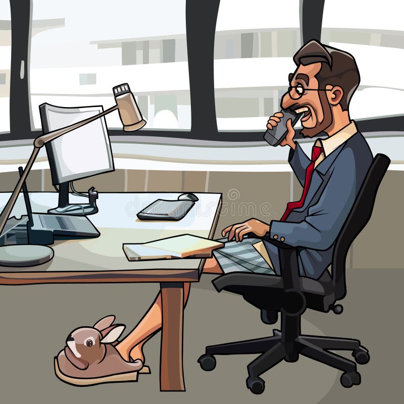 Cartoon Man Working at Home Sitting at a Computer Desk in a Jacket with ...