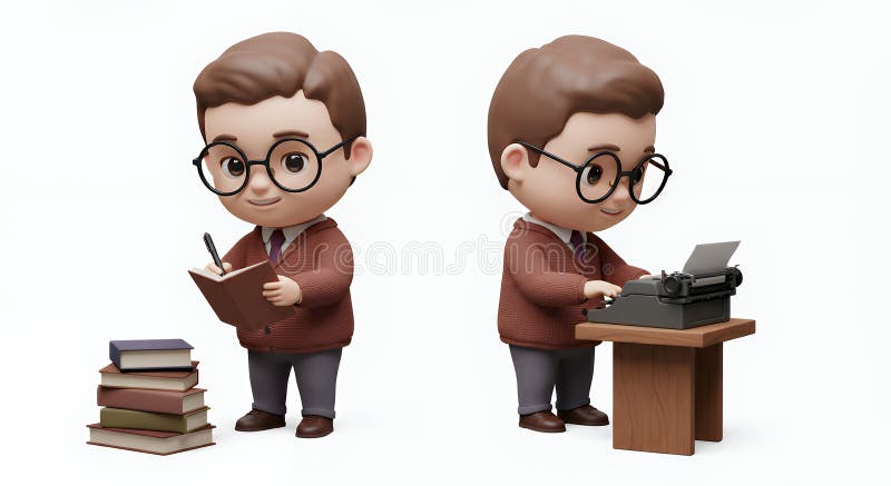 Cartoon Man Writing in Notebook and Typing on Typewriter Stock ...