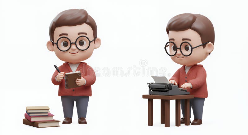Cartoon Man Writing in Notebook and Using Typewriter Illustration Stock ...