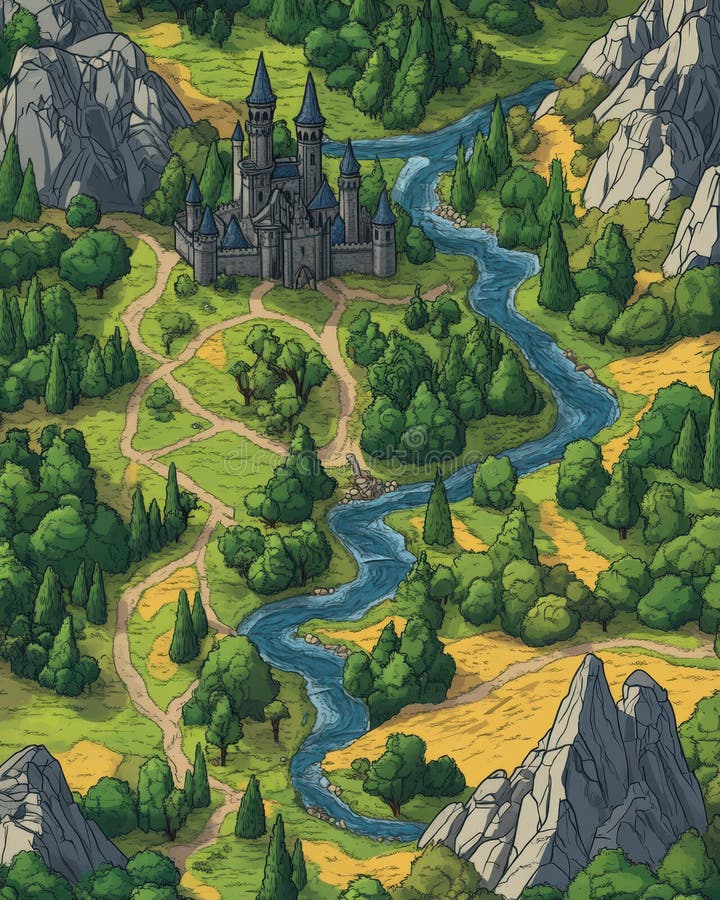 A Cartoon Map of a Castle Surrounded by Trees Stock Illustration ...