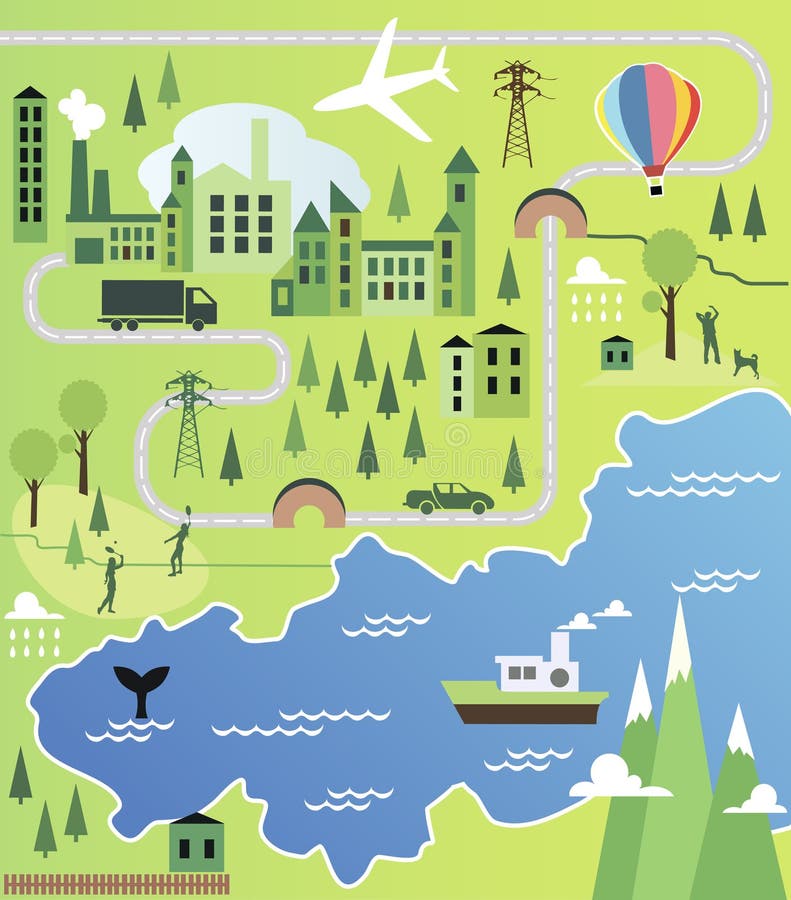 Cartoon map stock vector. Illustration of rivers, retro - 54022076