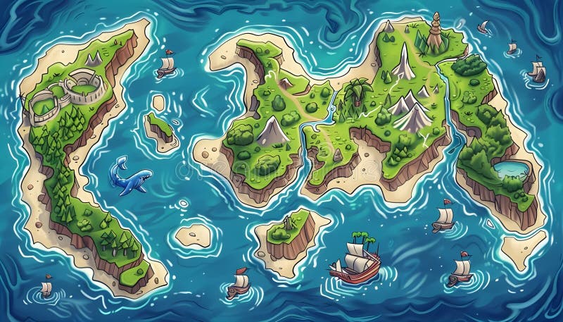 Map with sea and island stock illustration. Illustration of green ...