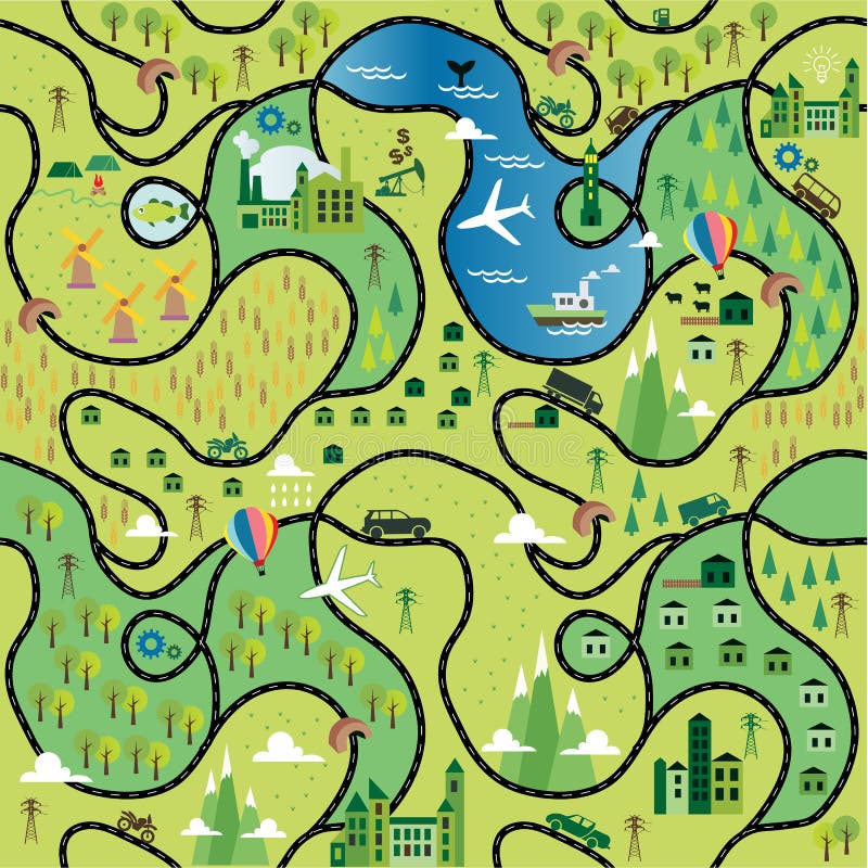 Cartoon map stock vector. Illustration of rivers, retro - 54022076