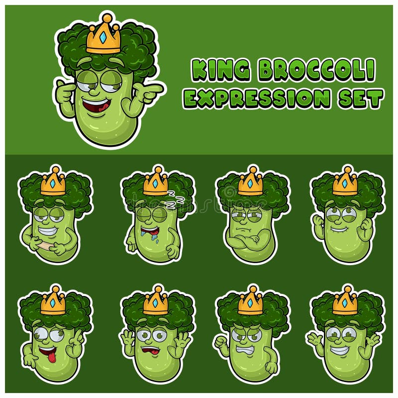 Cartoon Mascot of Broccoli Character with King and Expression Set Stock ...