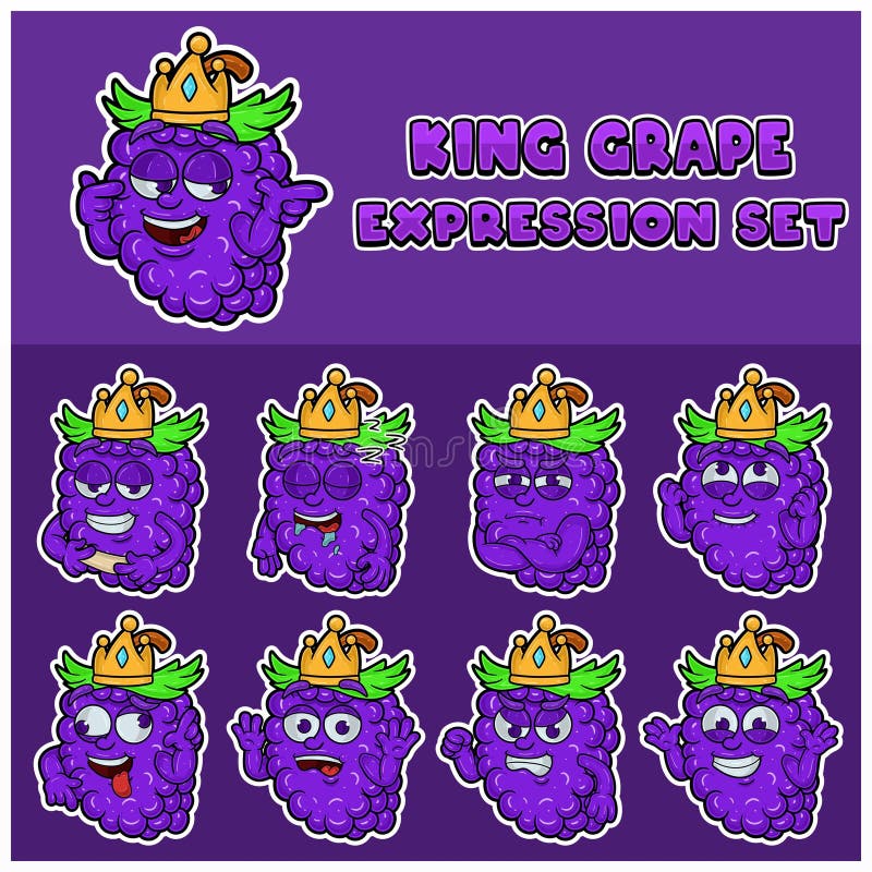 Cartoon Mascot of Grape Character with King and Expression Set Stock ...