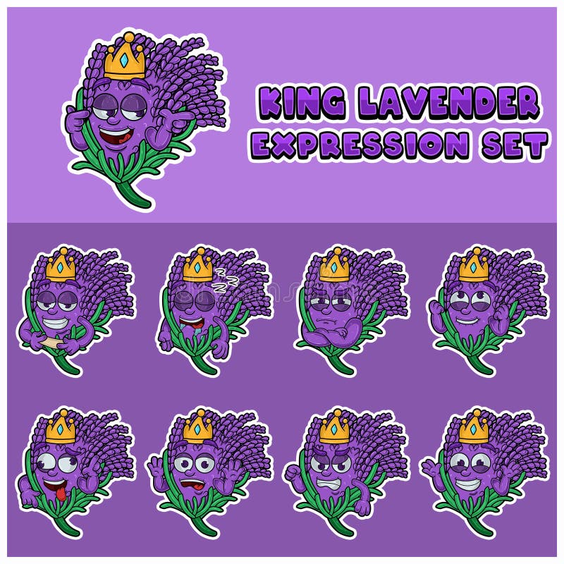 Cartoon Mascot of Lavender Character with King and Expression Set Stock ...